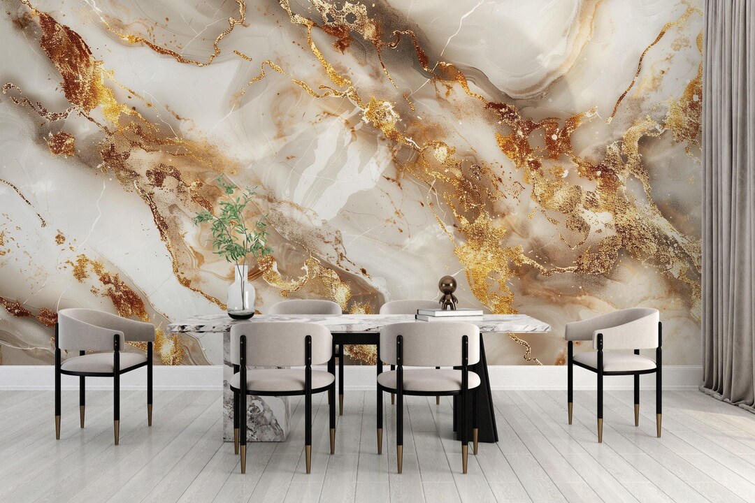 Premium White and Gold Marble Wallpaper | Modern Abstract Gold Mural ...