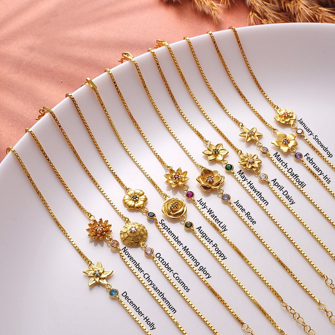 Personalize Birth Flower Bracelet, December Flower Bracelet, Zircon ...