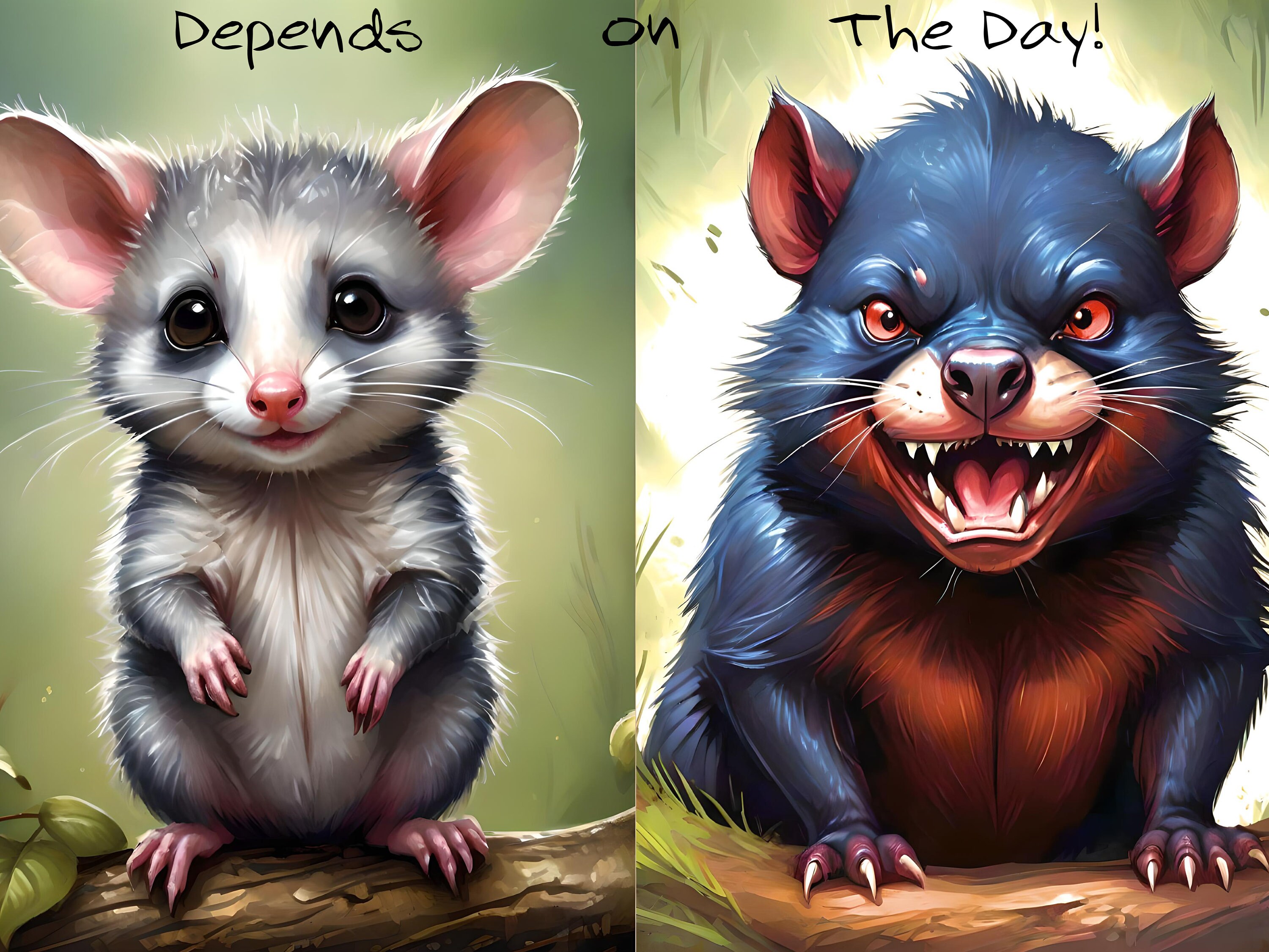 Cute Possum and Grumpy Tasmanian Devil Poster, Quirky Home Decor, Funny ...