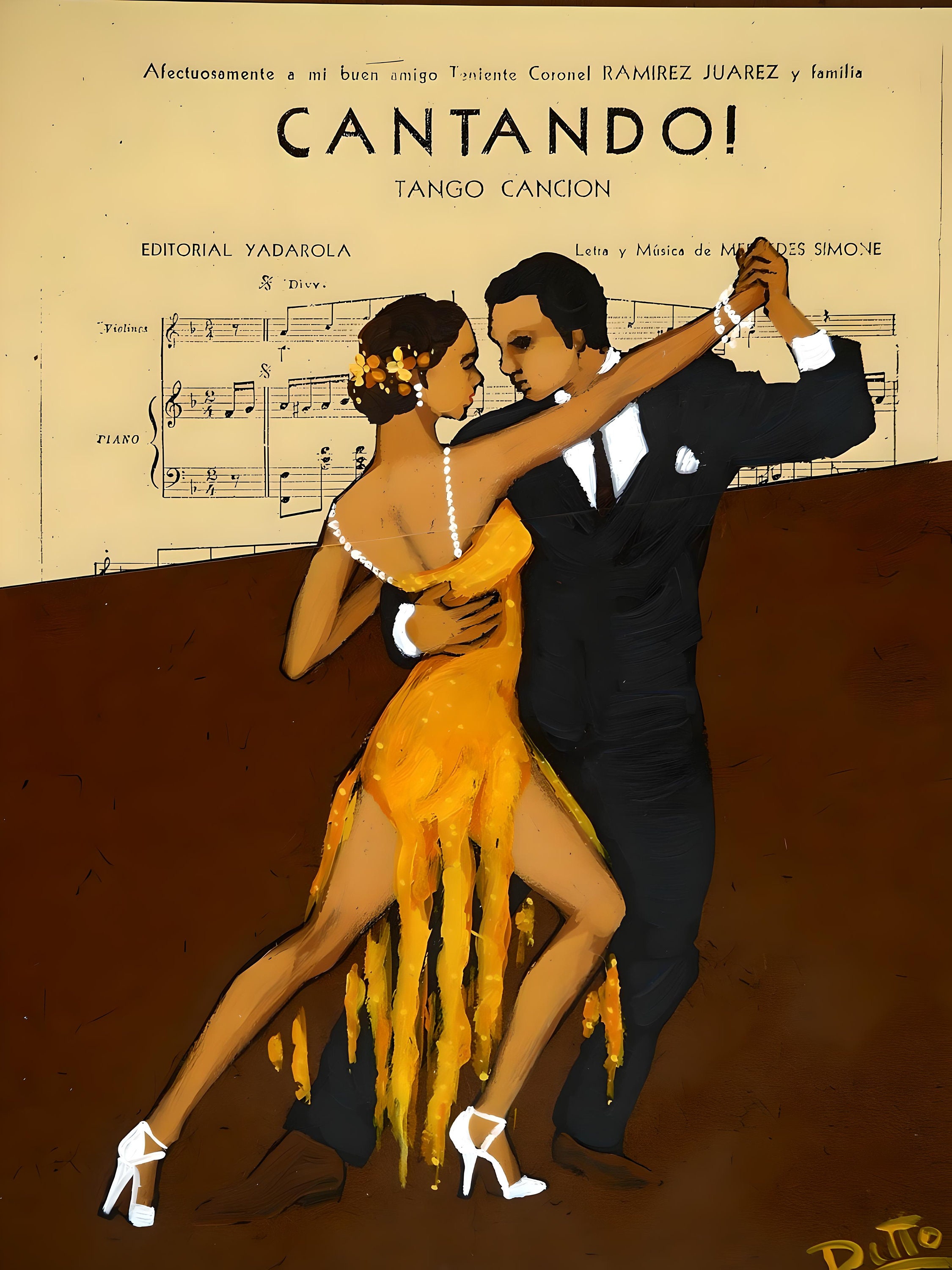 Vintage Tango Dance Music Poster, Brown Yellow Art, Dance Decor, Tango ...