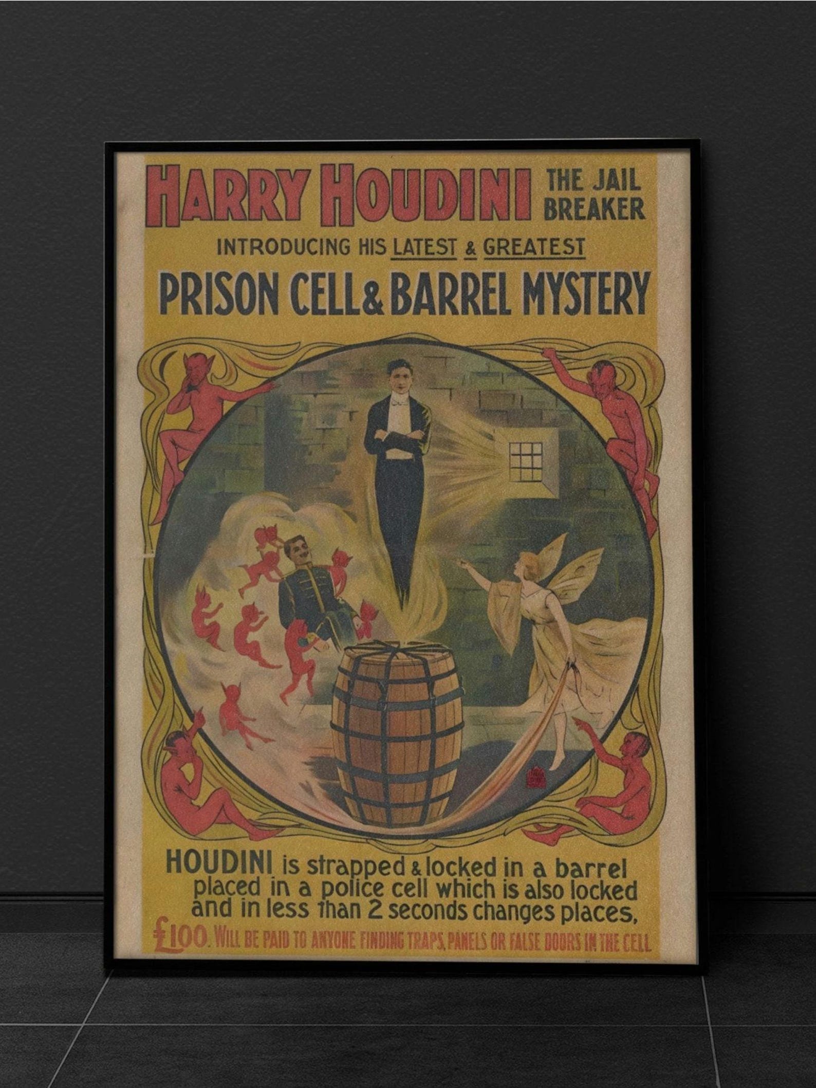 Vintage Harry Houdini Art, 1905 Escapism Poster, Magic Wall Decor ...