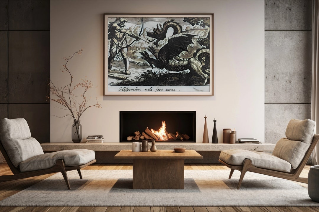 Hercules Wall Decor, Dragon Art, Greek Mythology Poster, Vintage Art ...
