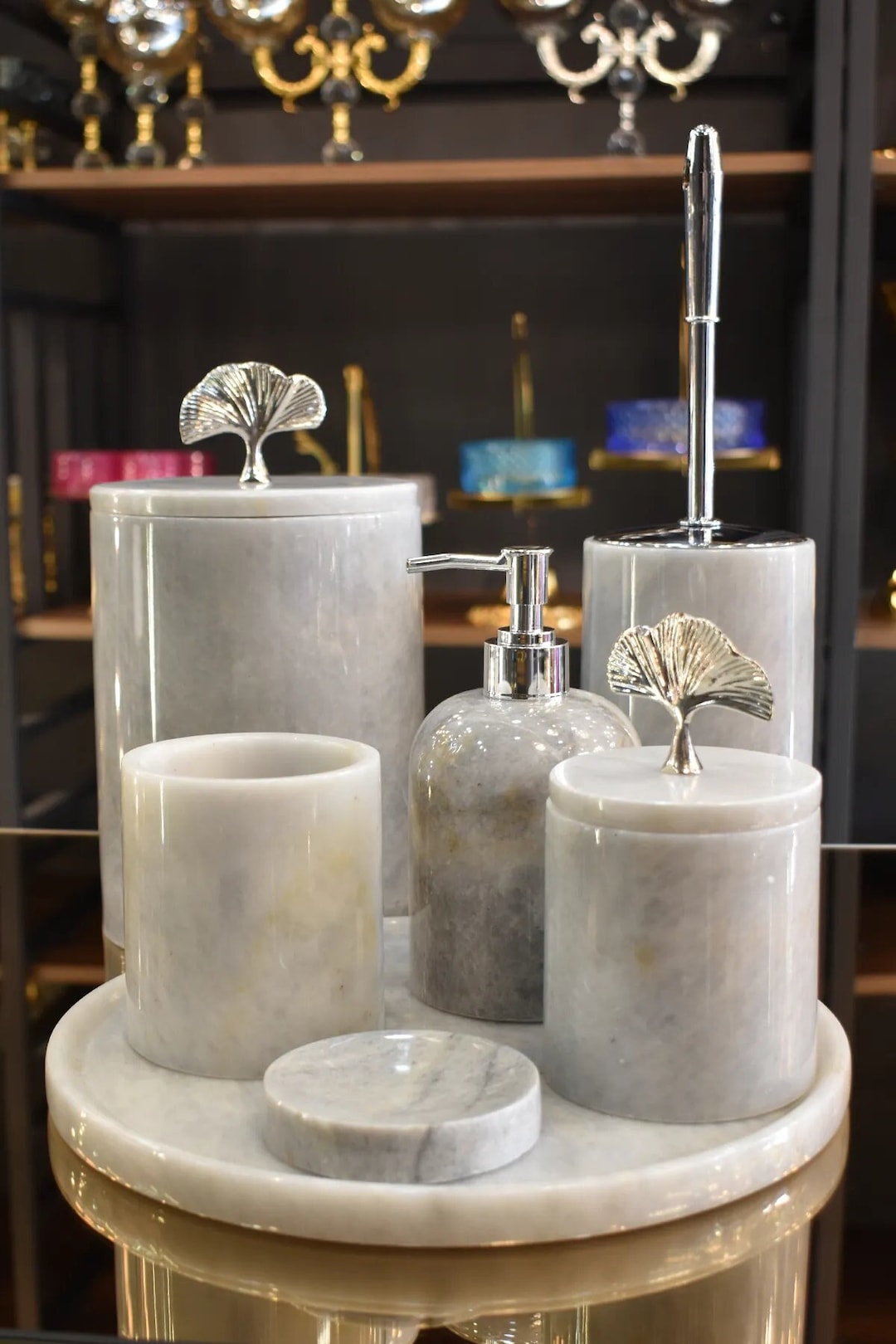 7 Piece Marble Bathroom Set With Silver Decoration,grey Marble Bathroom ...