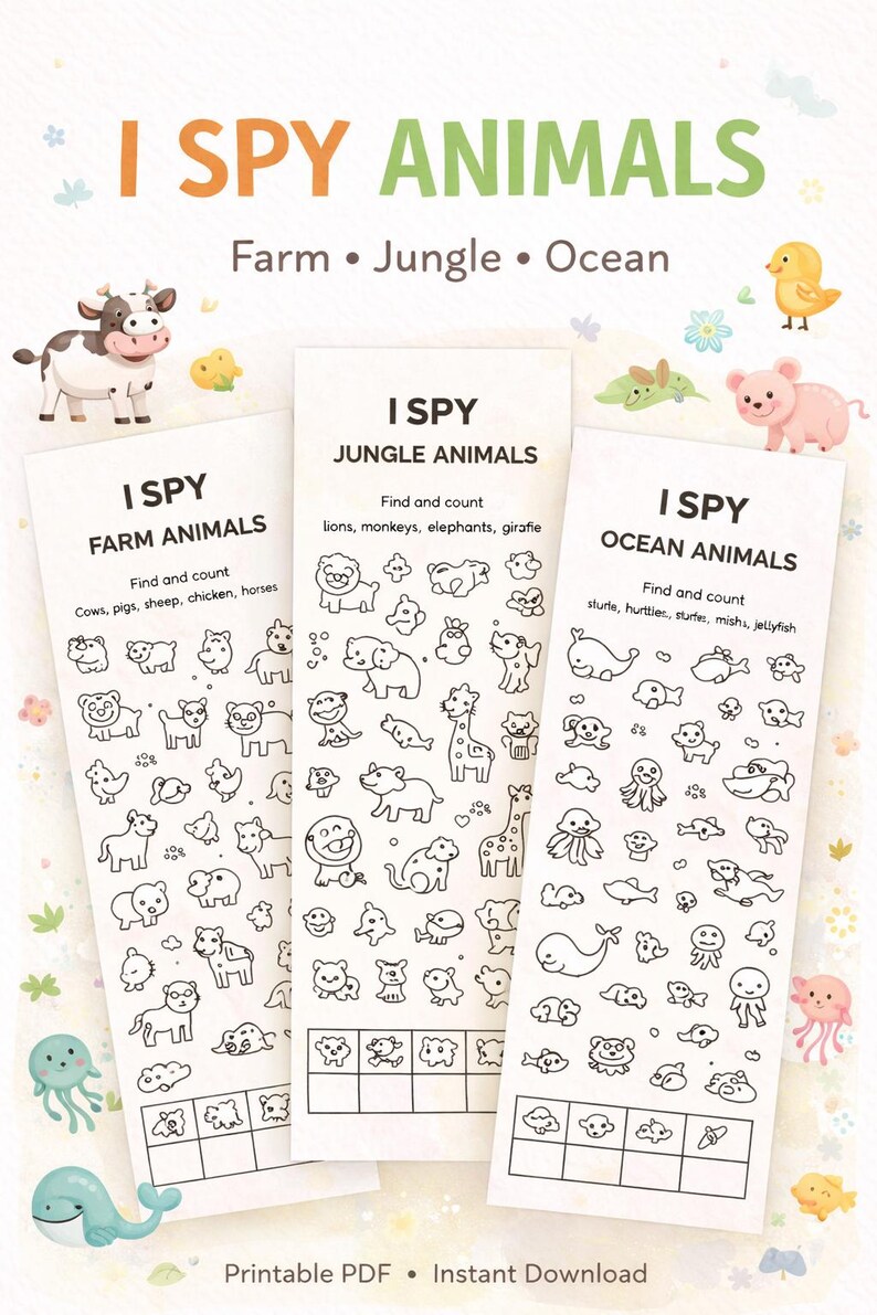 I Spy Animals Printable | Farm, Jungle, Ocean Activity (PDF Download ...