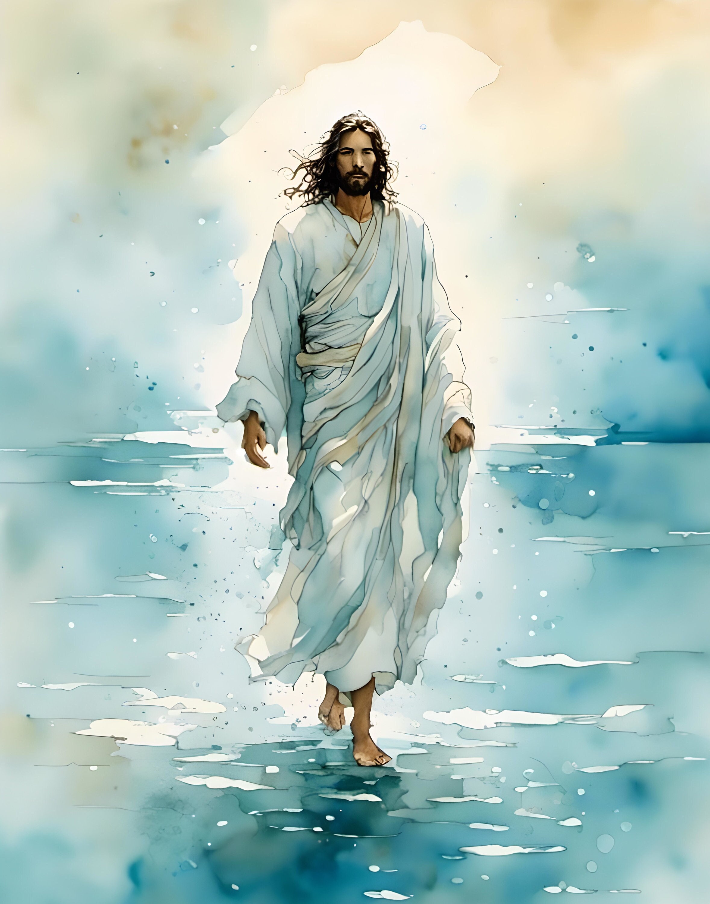 Jesus Walks on Water Chrisitan Catholic Gift Wall Art Watercolor ...