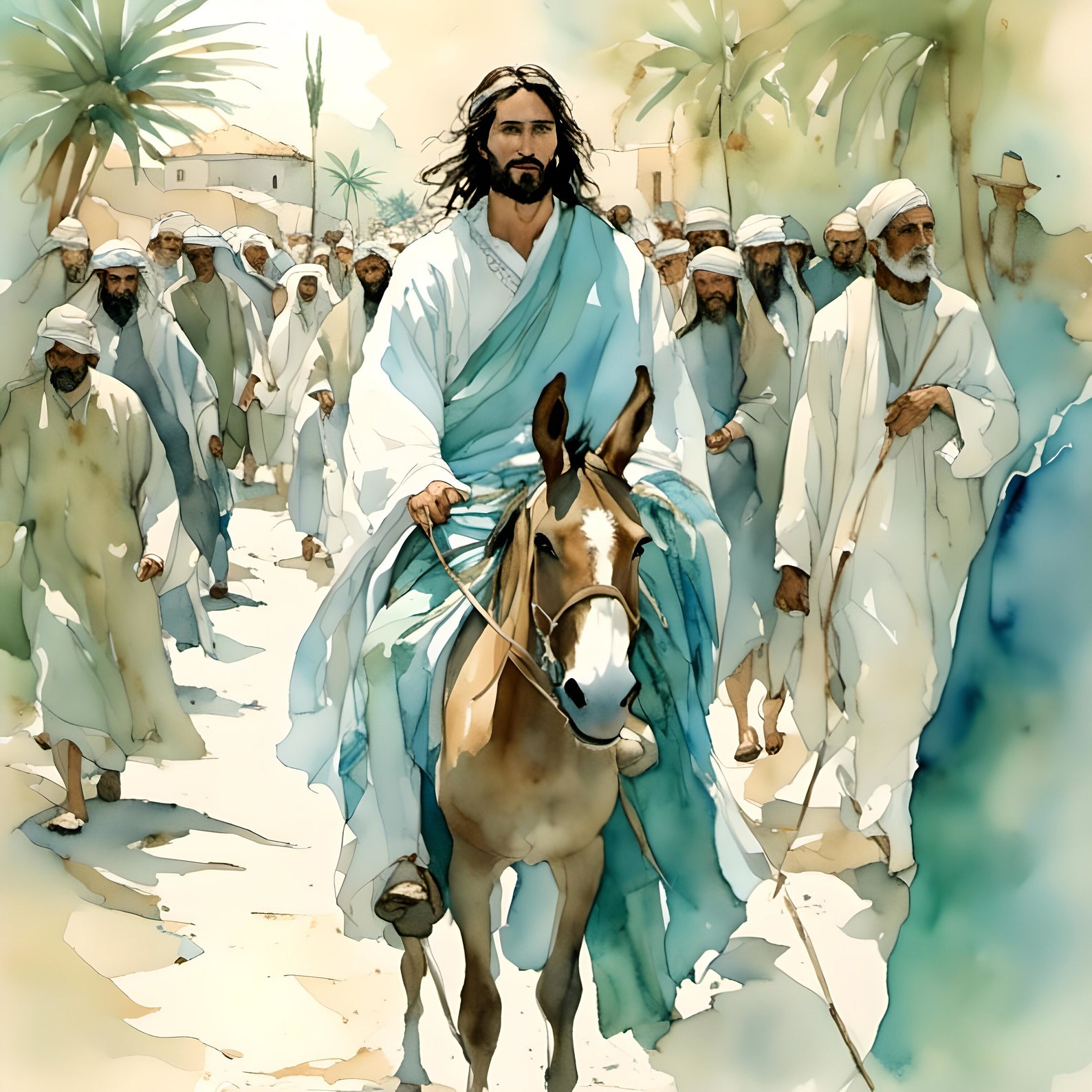 Jesus on Palm Sunday Chrisitan Catholic Wall Art Watercolor Digital ...