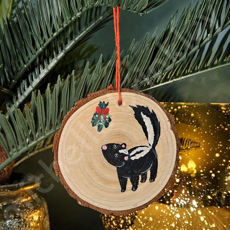 Mistletoe Skunk Wood Slice Ornament | Hand-painted Ornament | Wood ...