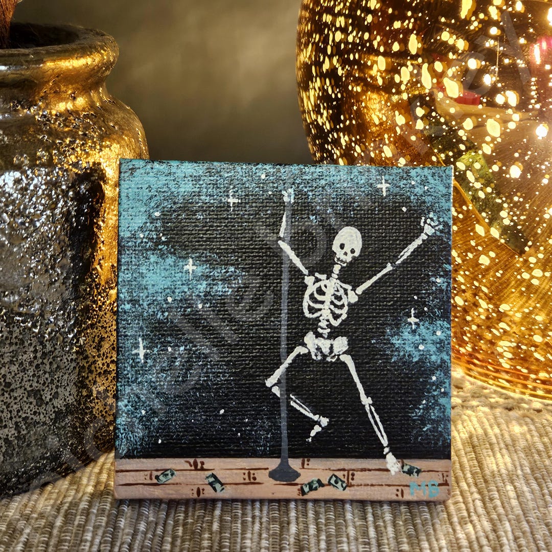 Mini Canvas Painting skeleton Pole Dancer Blue Hand-painted Art ...