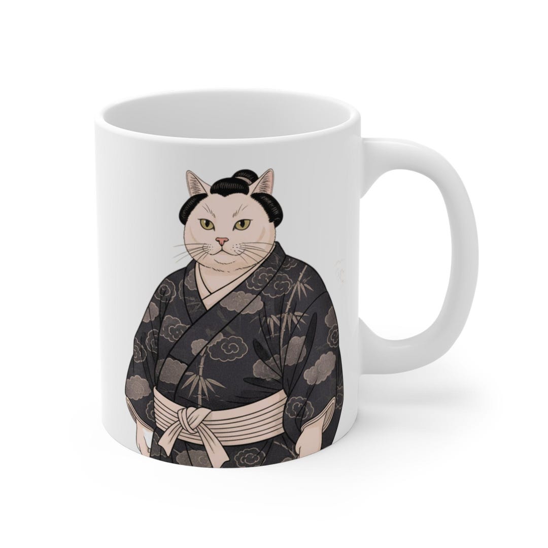 Sumo Cat White Coffee Mug | Japanese Yukata Tea Cup - Etsy