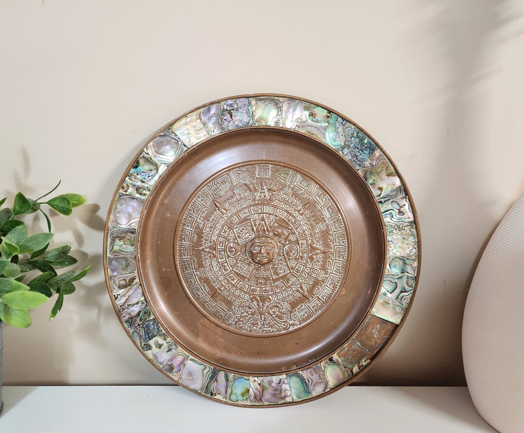 Vintage Mexican Copper Aztec Sun Stone Calendar Plate With Abalone ...