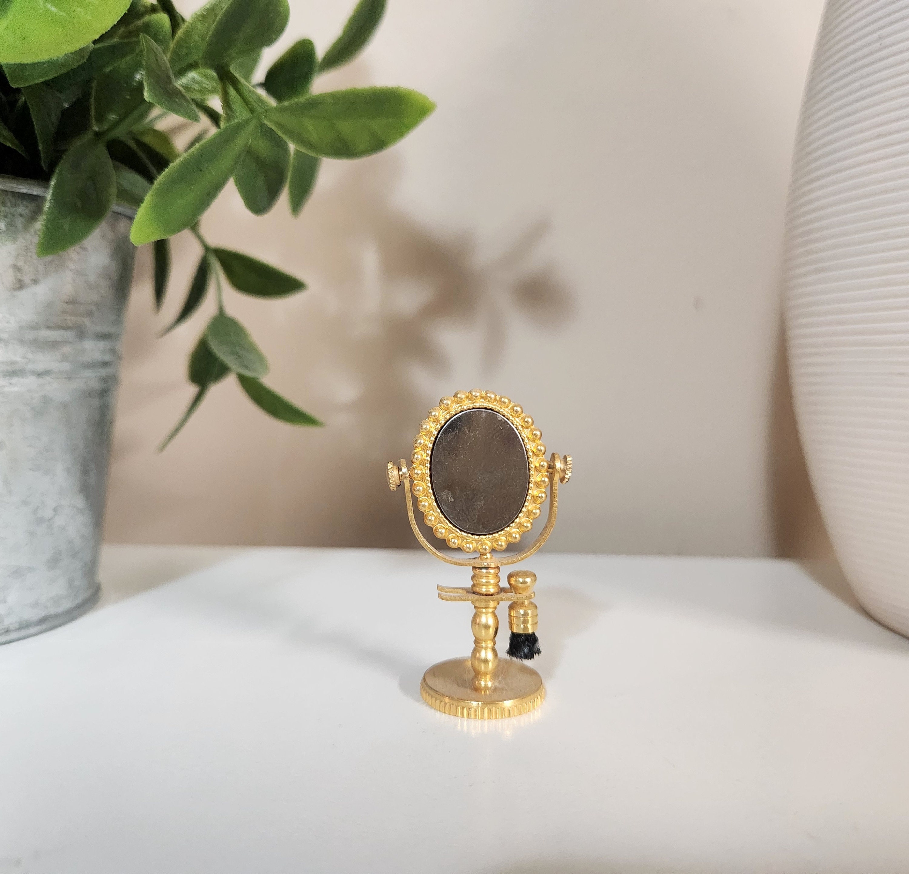Vintage Brass Mini Vanity Mirror and Brush - Miniature Brass Figurine ...