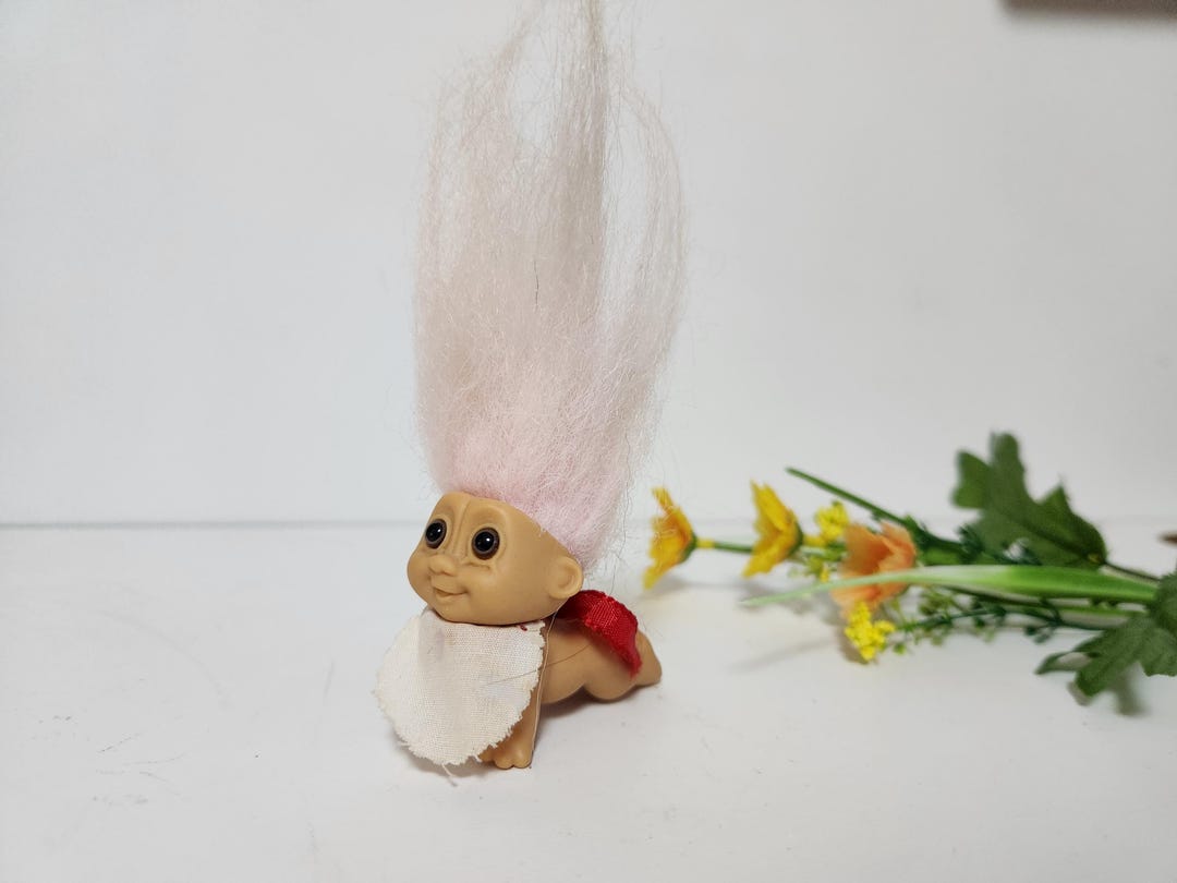 Vintage Mini Crawling Baby Troll Doll 2" Pink Hair White Bib Red Ribbon ...