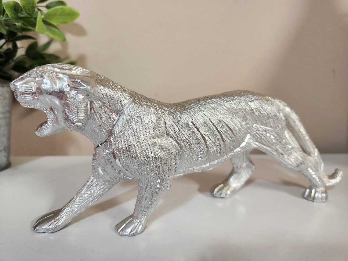 Vintage Silver Chrome Metal Tiger Statue 8.5" RARE Home Living Room ...