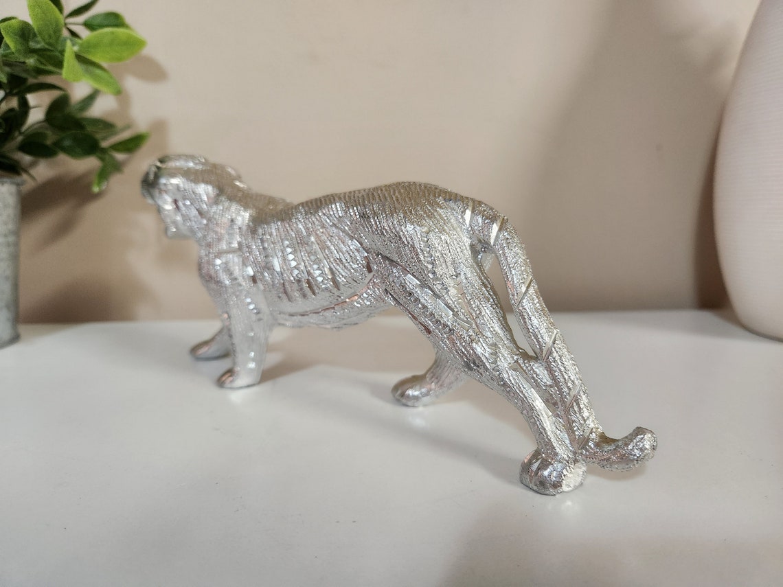 Vintage Silver Chrome Metal Tiger Statue 8.5" RARE Home Living Room ...