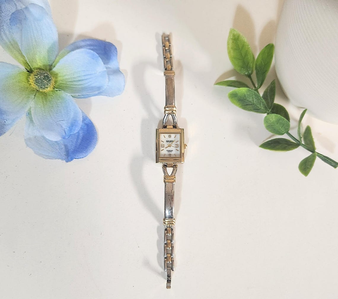 Gruen Diamond Quartz Watch Gold Silver Tone Square/rectangle MOP Women ...