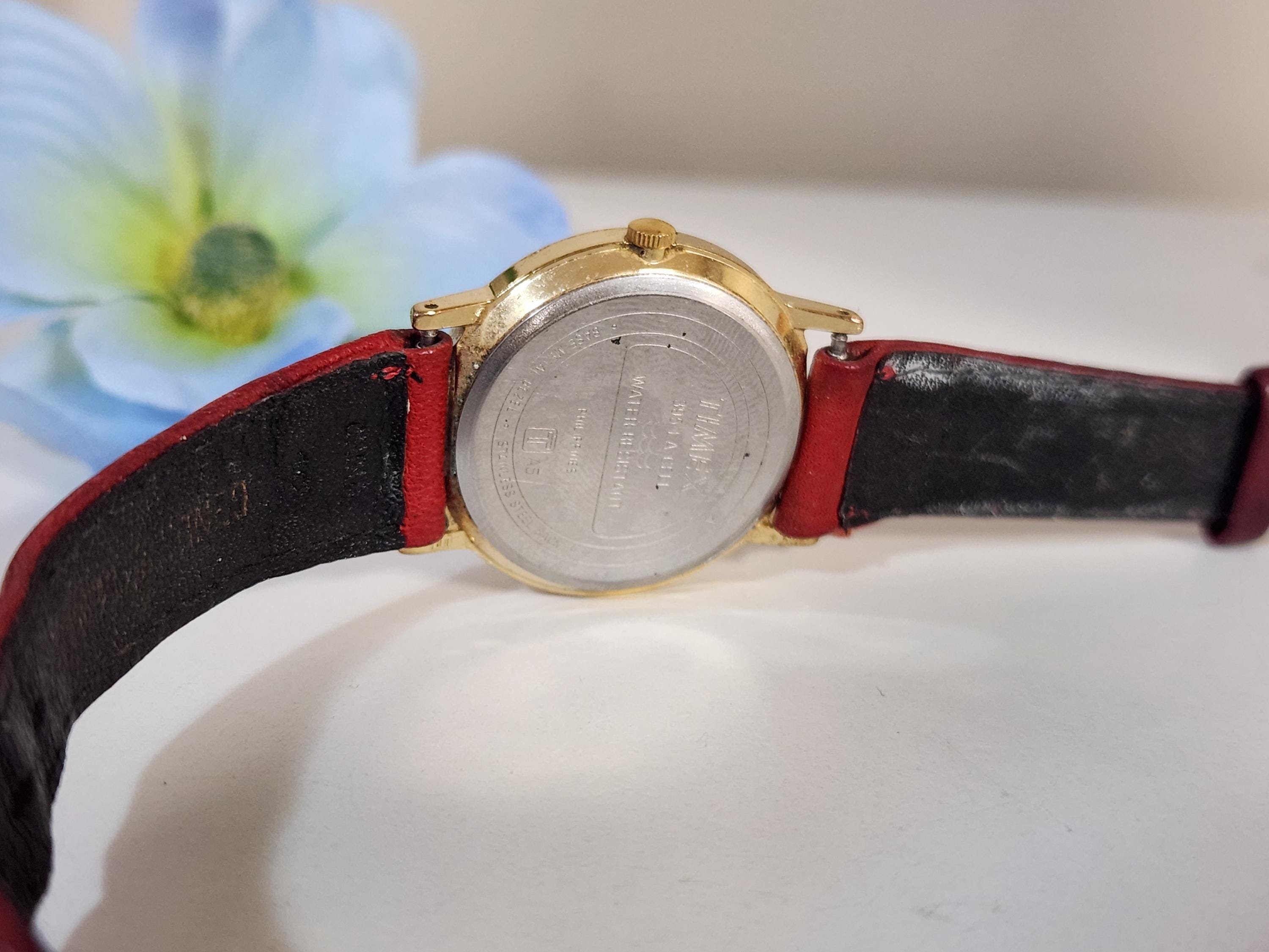Vintage Retro Timex Watch Red Genuine Leather Large Round Gold-tone ...