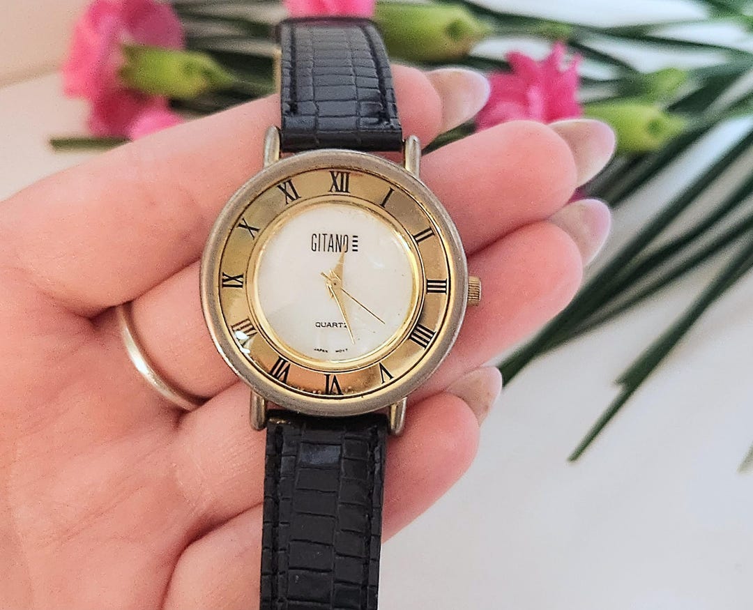 Vintage Womens Gitano Watch Gold-tone Rivoli White Crystal Roman ...