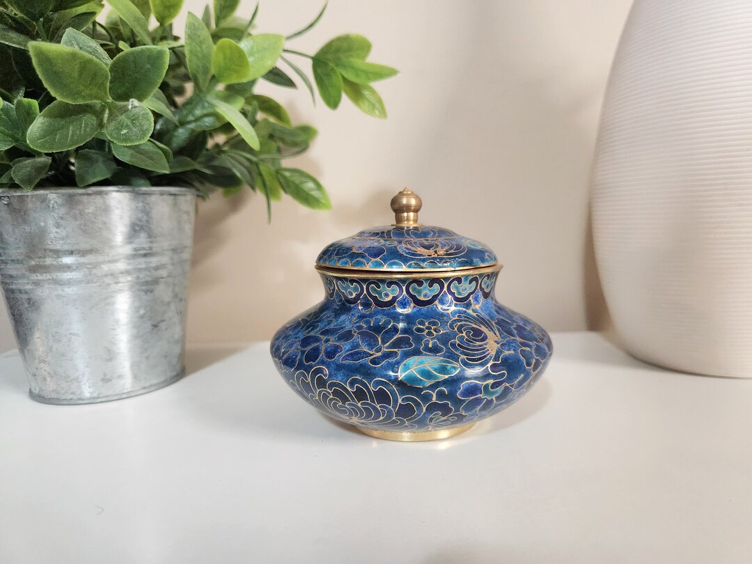 Vintage Zi Jin Cheng Small Cloisonne Enamel Blue Gold Floral Ginger Jar ...