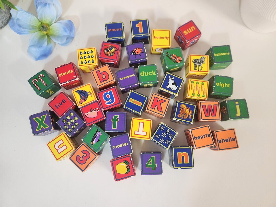 Vintage Wooden Alphabet Blocks 4-sided - Set of 41 Letters, Numbers ...