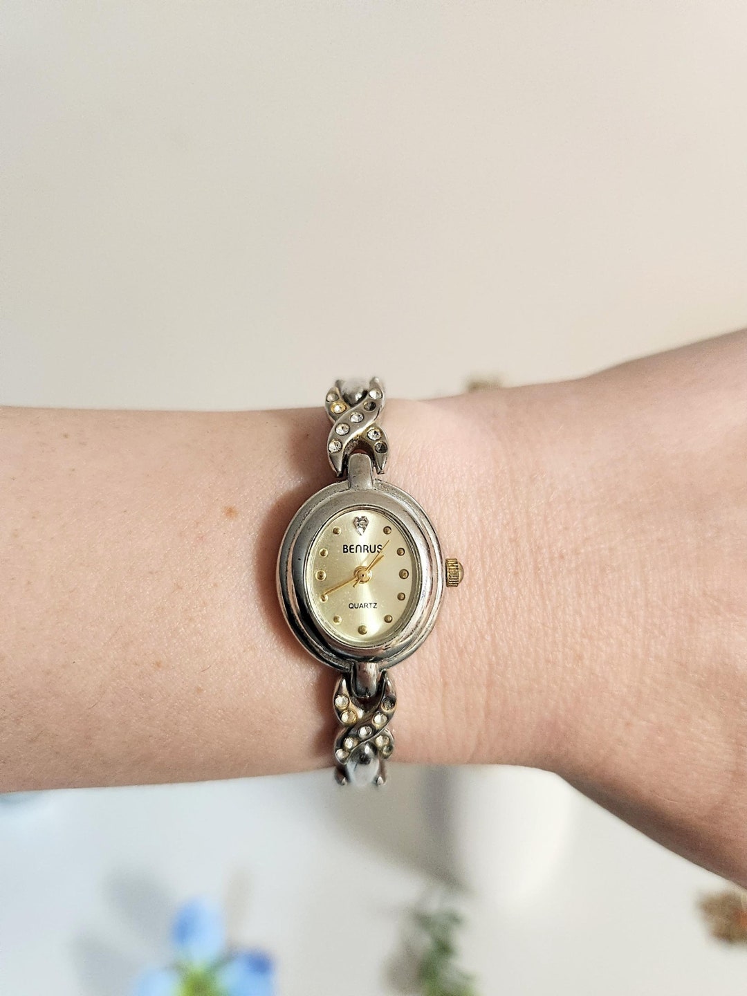 BENRUS DIAMOND Quartz Ladies Wristwatch Yellow Dial on Silver-tone ...