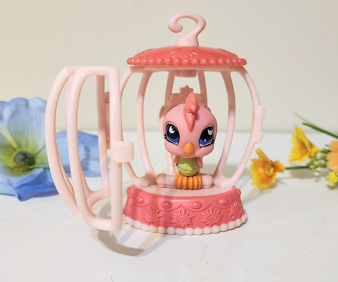 Littlest Pet Shop Cockatoo #1219 W/ Cage Accessory-pink & Green Bird W ...