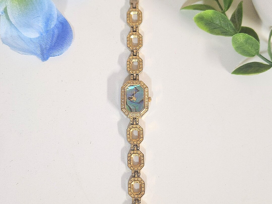 Vintage Ladies Abalone Shell Watch Diamond Crystal Rhinestone Accents ...