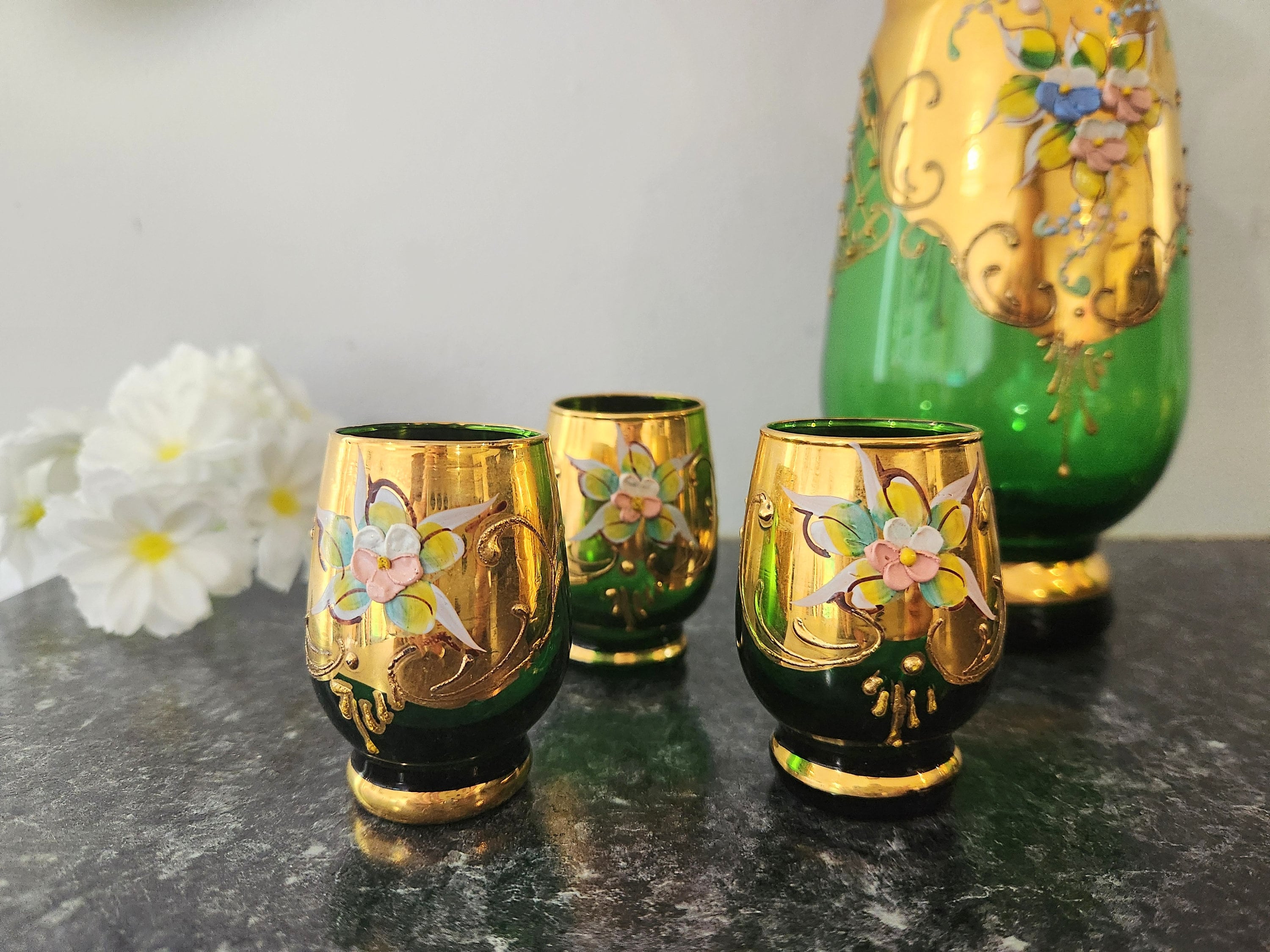 Bohemian Decanter Set W/6 Glasses Goblets Emerald Green Vintage Glass ...