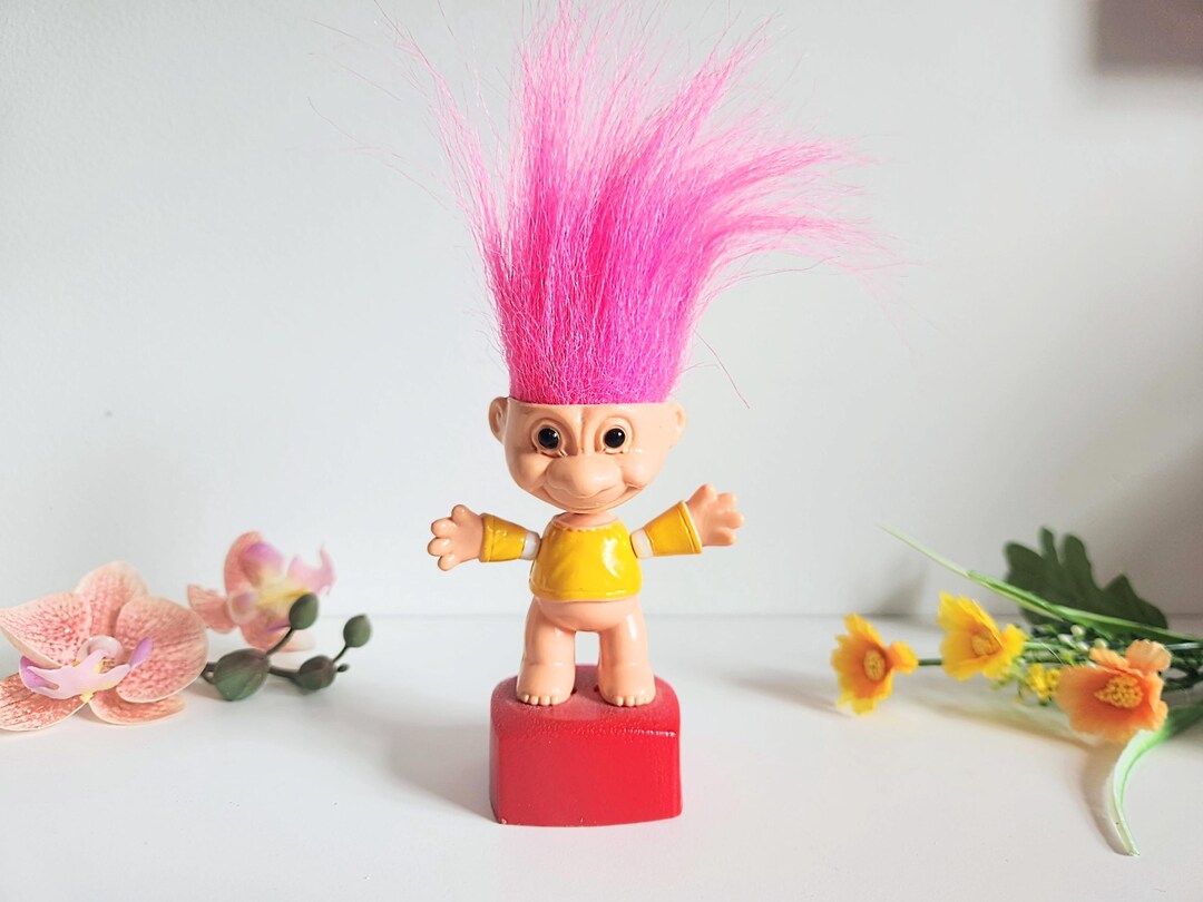 Vintage Collapsible Troll Push Puppet Pink Neon Hair-90s Kids Nastalgic ...
