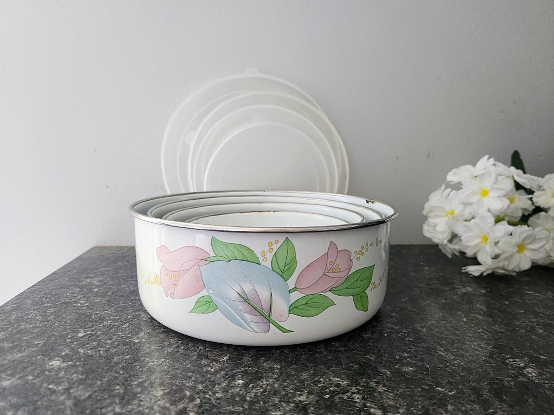 Vintage Enamel Nesting Bowls Set of 4 With Lids - Floral Flower Pattern ...