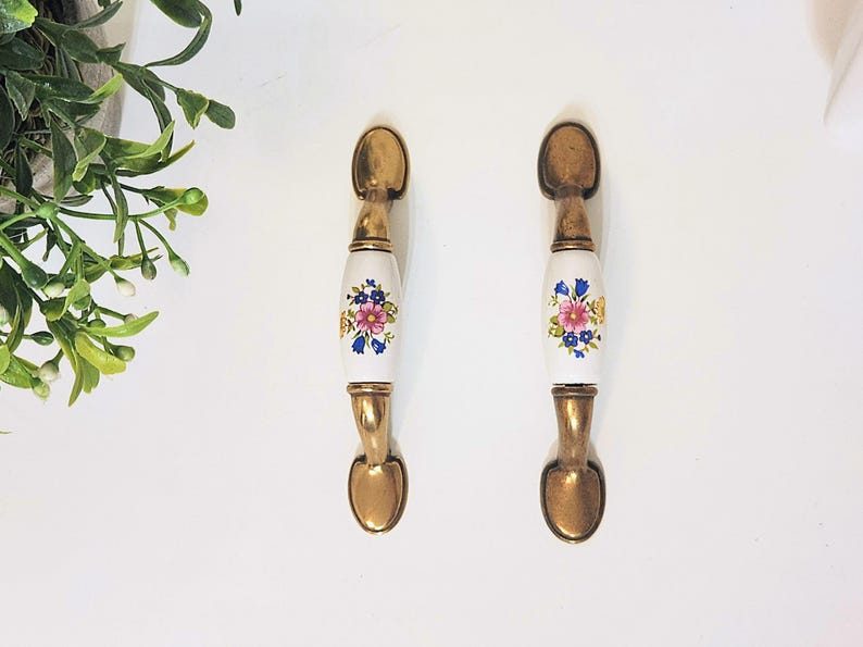 Vintage Brass Floral Porcelain Cabinet Pulls Set of 2 - 3" Wardrobe Closet Door Handles-antique ...