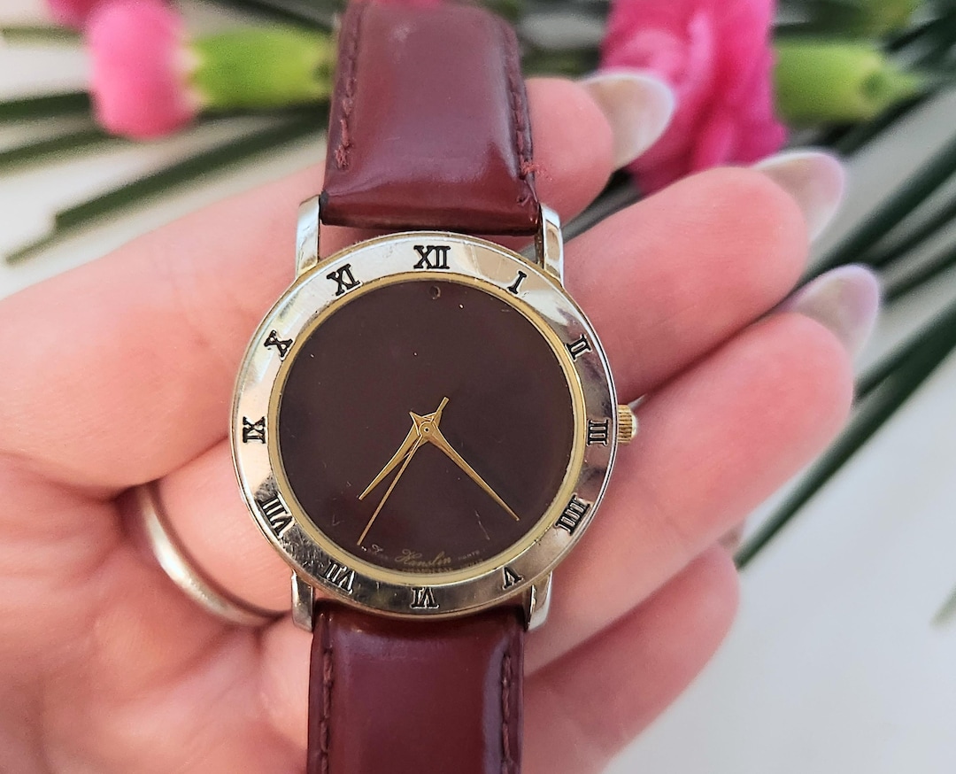 Rare Vintage Hanslin Swiss Watch Gold-tone Roman Numeral Bezel Genuine ...