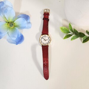 Vintage Retro Timex Watch Red Genuine Leather Large Round Gold-tone ...