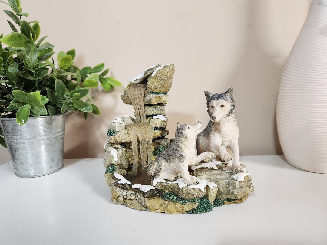 Large Vintage Wolf Sculpture - Wolves Sitting Near a Frozen Waterfall ...