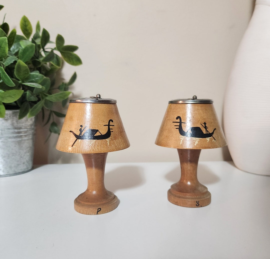 Wood Lamp Salt & Pepper Shakers Vintage Dragonboat Wooden Carved Salt ...