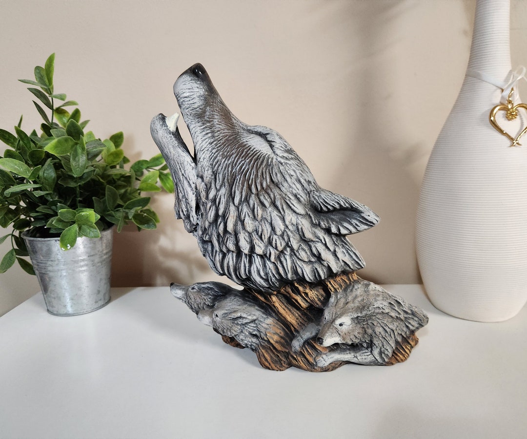 Large Vintage Ceramic Howling Wolf Head Statue - Wolves - Hand Painted ...