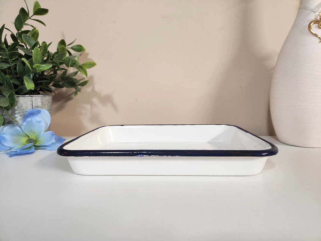 Vintage Rectangular Enamel Pan - White and Blue Enamelware - Rustic ...