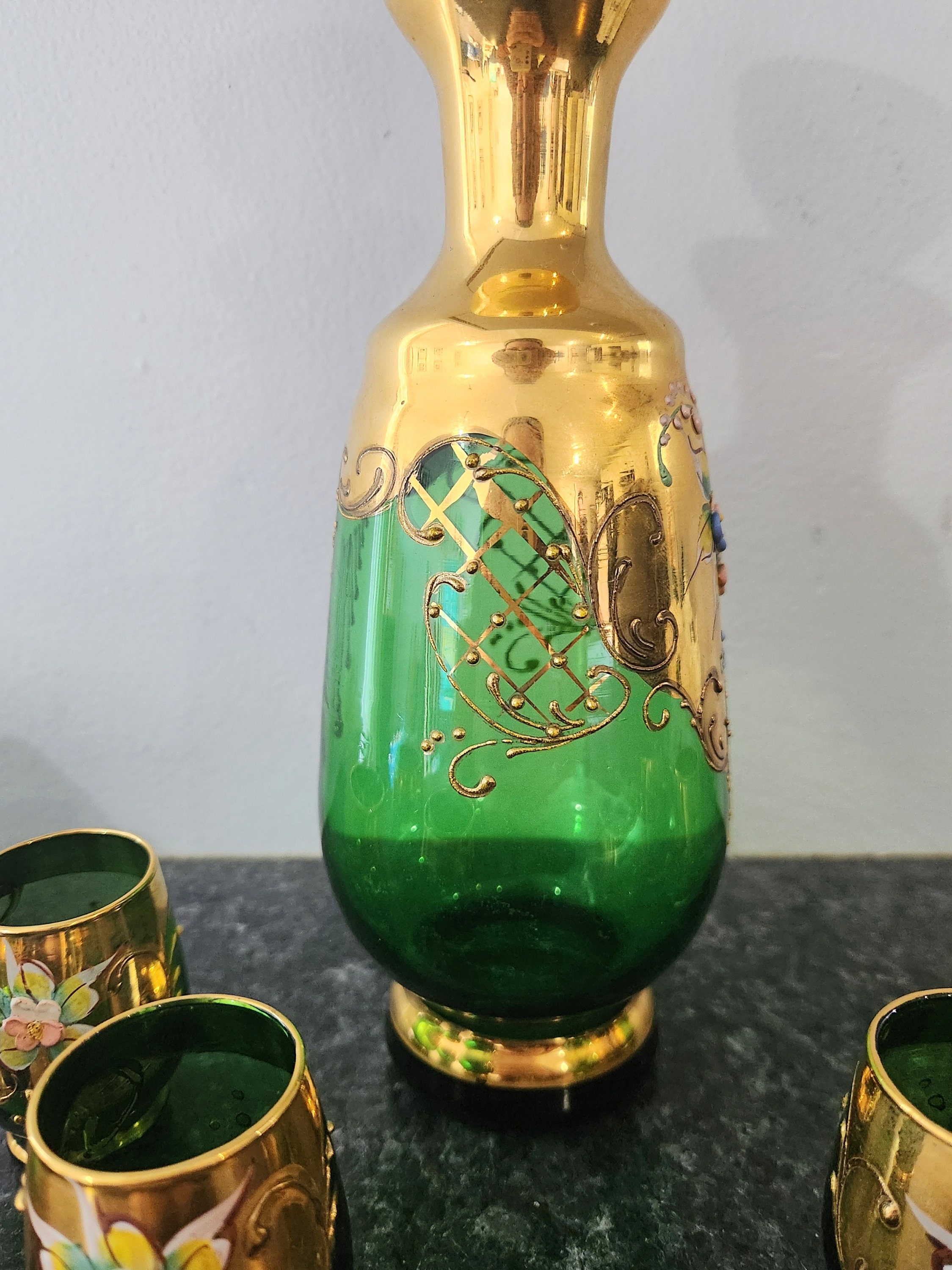 Bohemian Decanter Set W/6 Glasses Goblets Emerald Green Vintage Glass ...