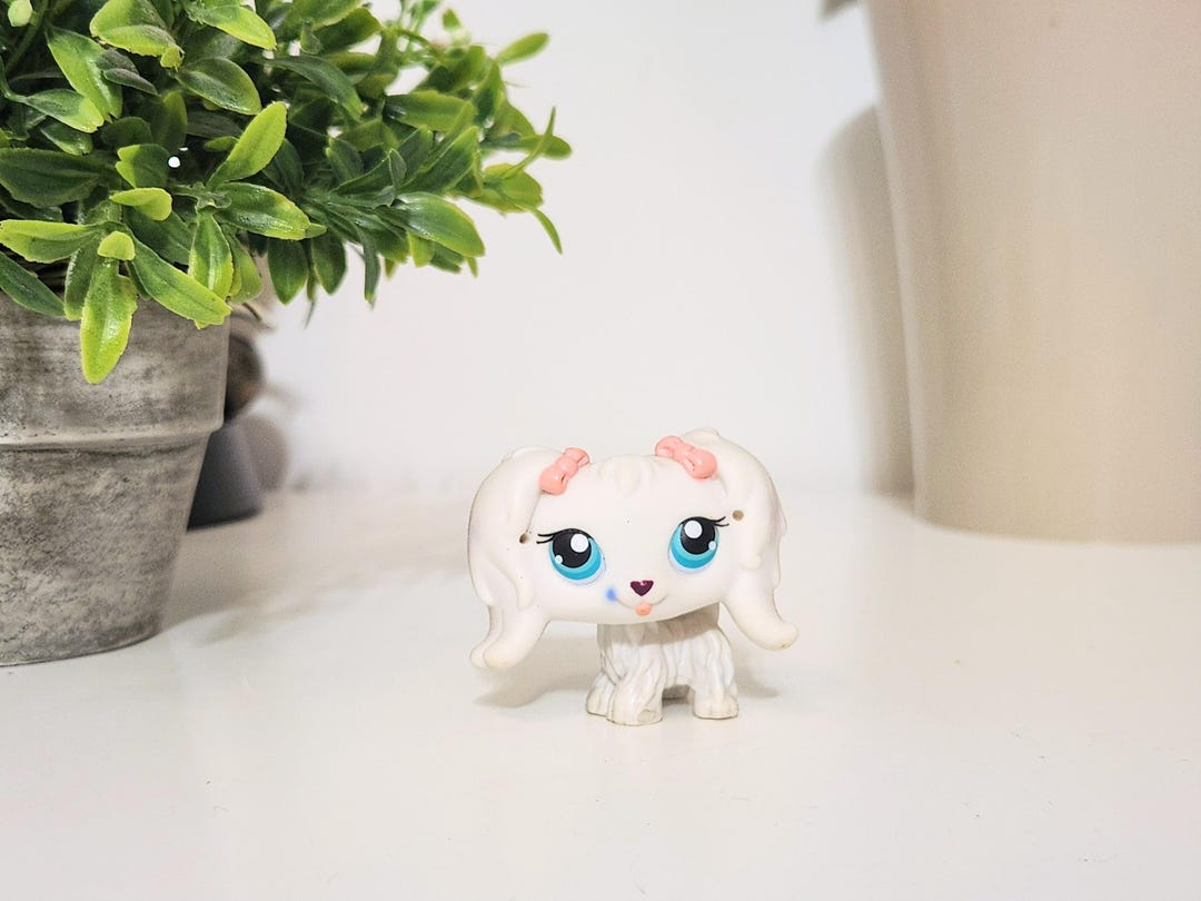 LPS #65 White MALTESE Puppy Dog Pink Bows Authentic Hasbro Littlest Pet ...