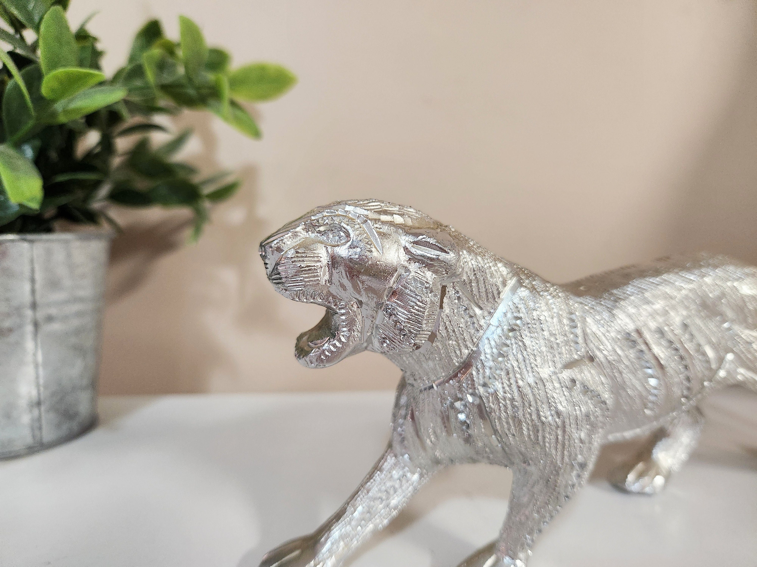 Vintage Silver Chrome Metal Tiger Statue 8.5" RARE Home Living Room ...