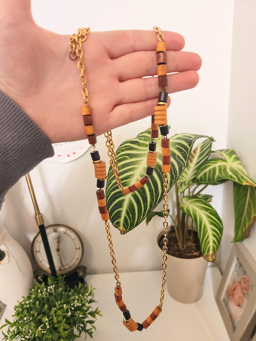 Long Wood Bead Gold-tone Chain Necklace 43.5" - Boho/bohemian Style ...