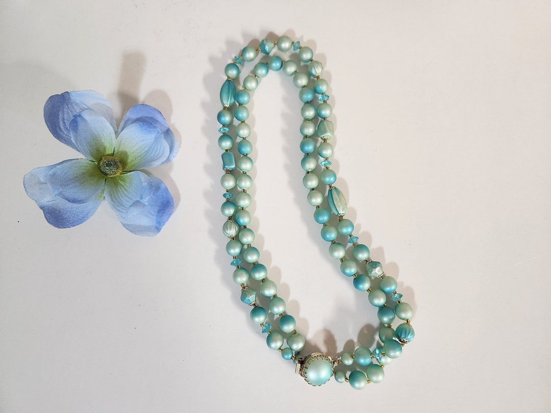 Vintage Turquoise Blue Faux Pearl Necklace 22" Double Strand - Etsy