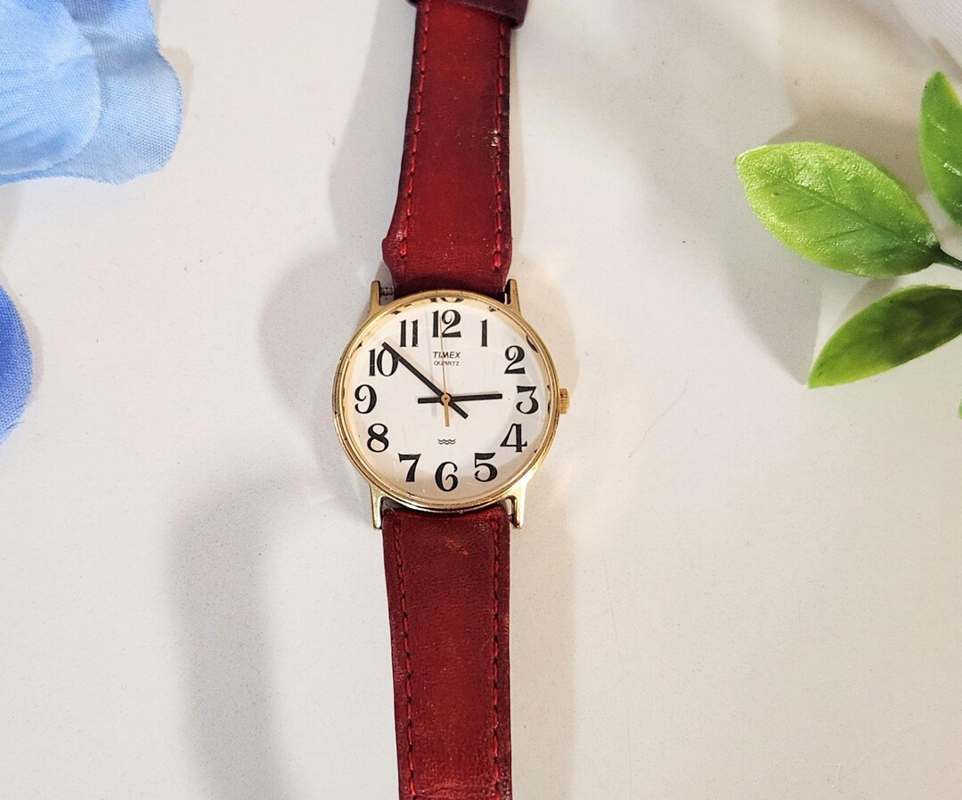 Vintage Retro Timex Watch Red Genuine Leather Large Round Gold-tone ...