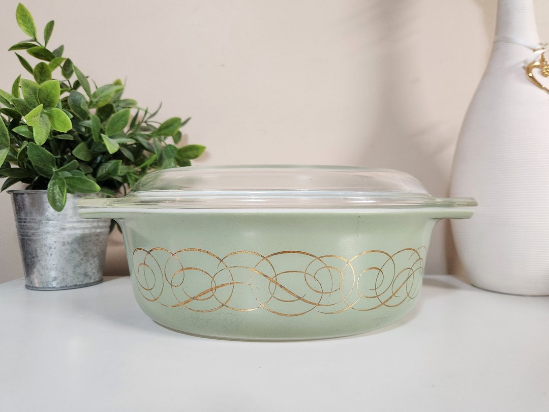 Vintage Pyrex Oval Promo Mint Green Gold Scroll W Glass Lid, Oval Green ...