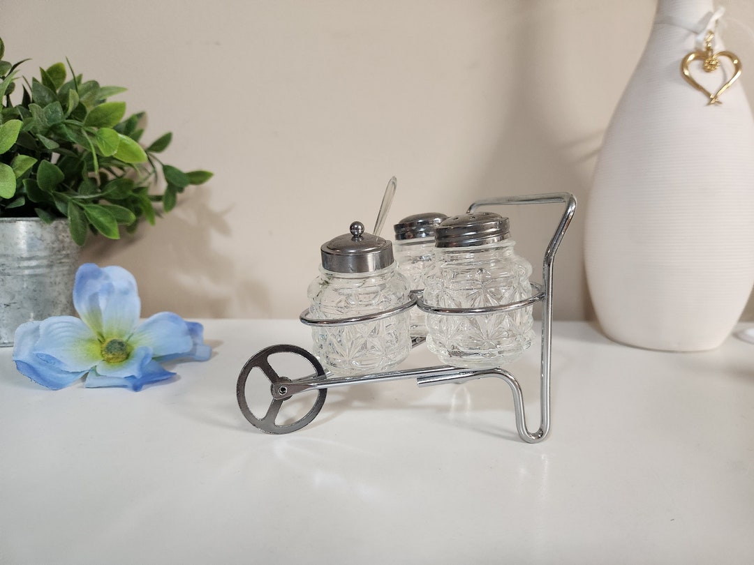 Antique Metal Wheelbarrow Cart With Glass Salt, Pepper and Sugar Bowl ...