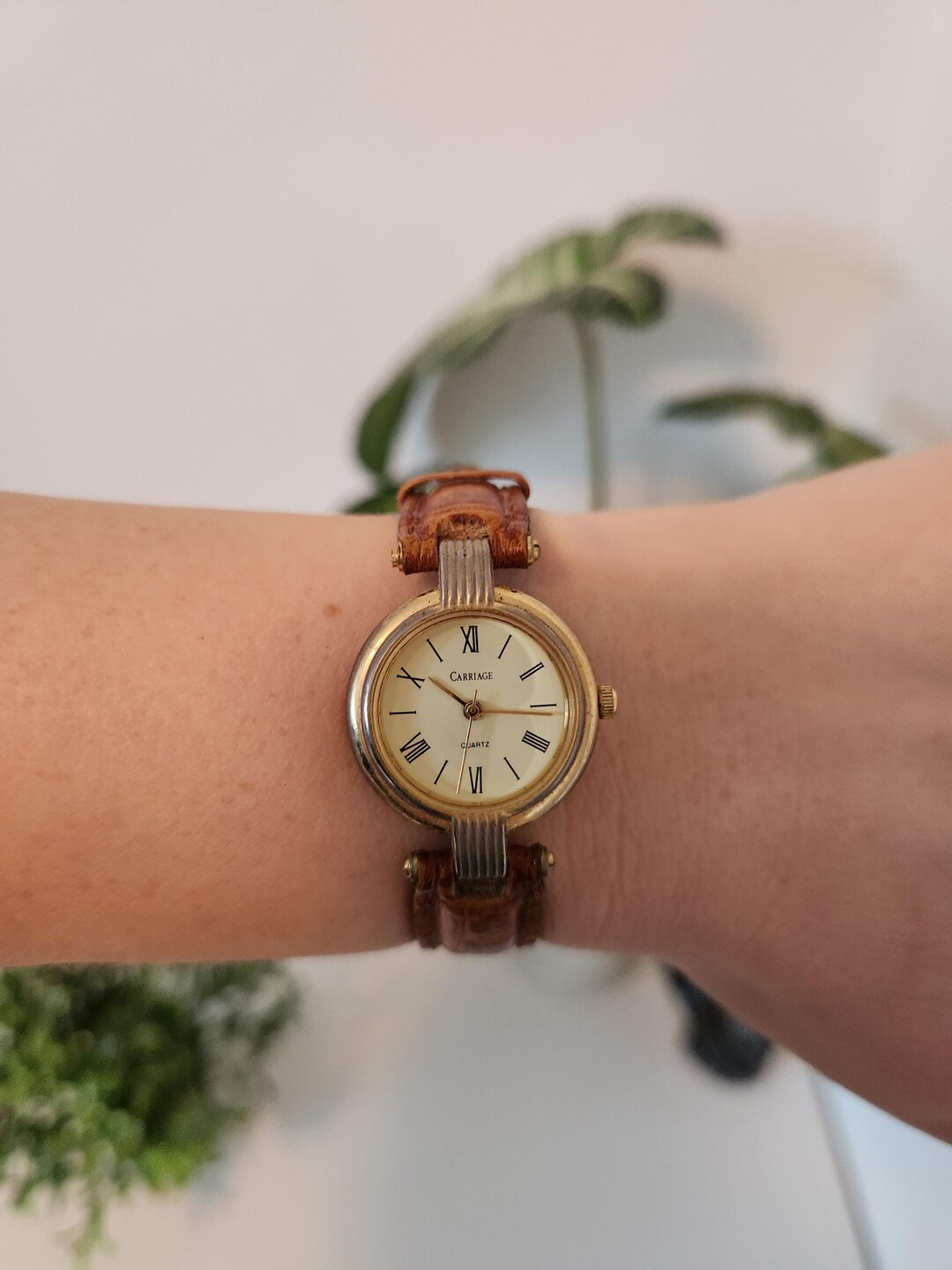 Vintage Carriage Wristwatch Brown Leather Band, Ladies Gold-tone Quartz ...