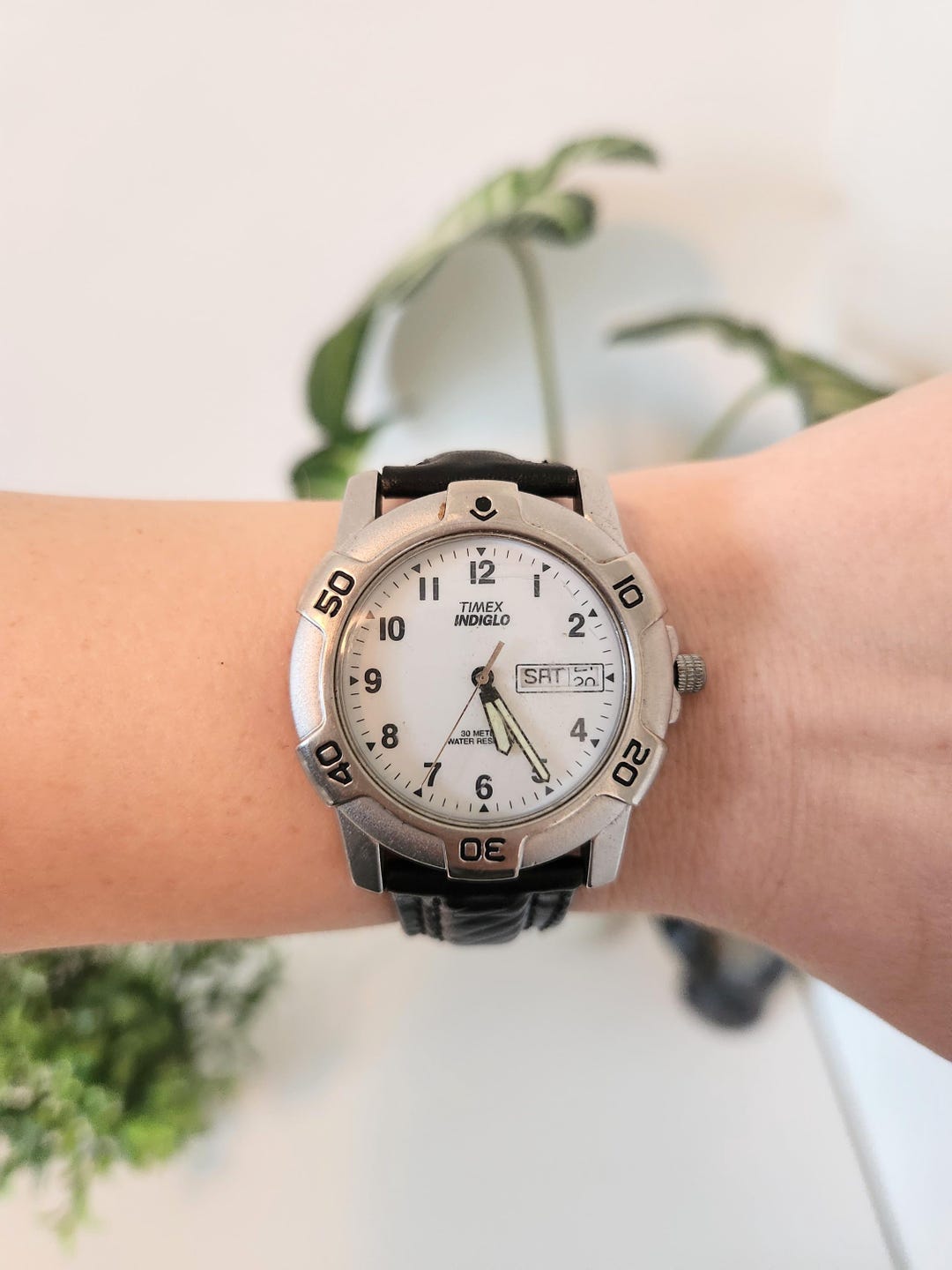 Men's Timex Indiglo Watch Leather Strap/band-day/date-water Resistant ...