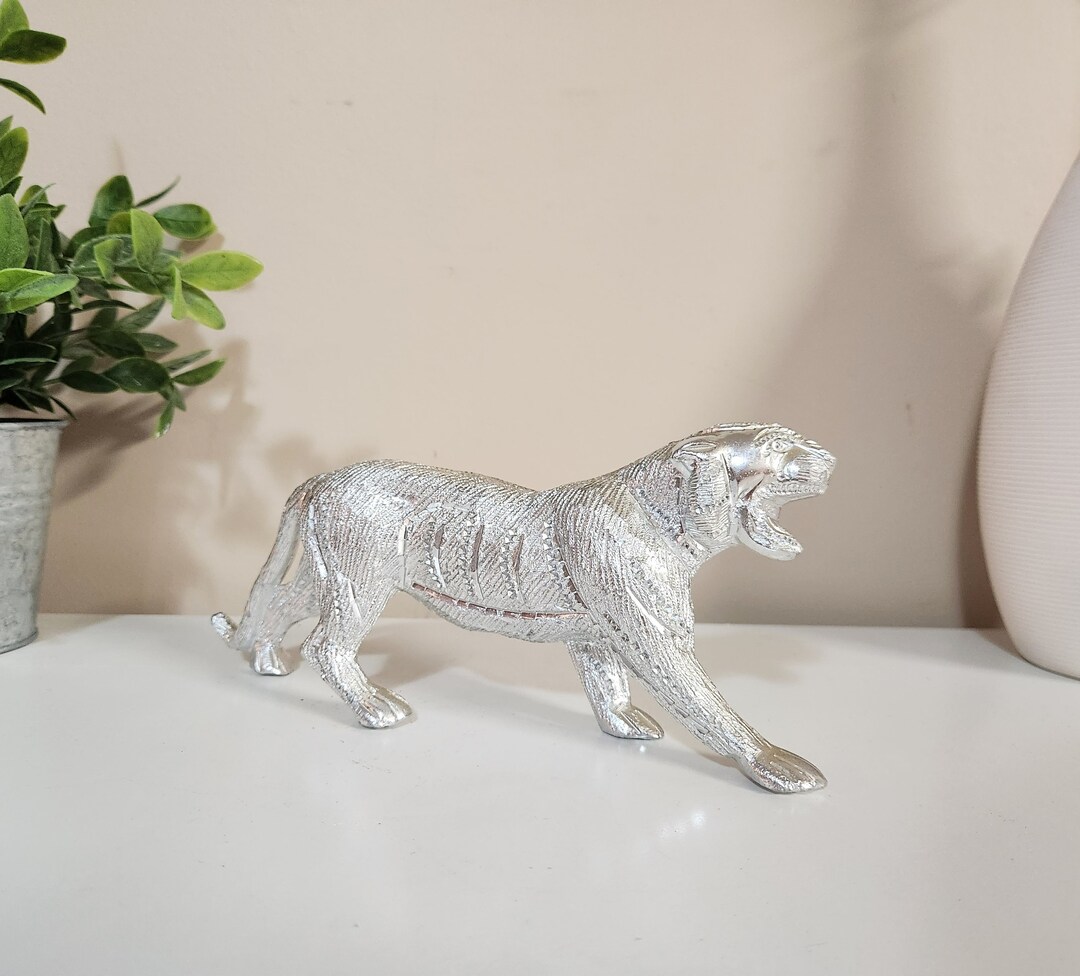 Vintage Silver Chrome Metal Tiger Statue RARE - Etsy