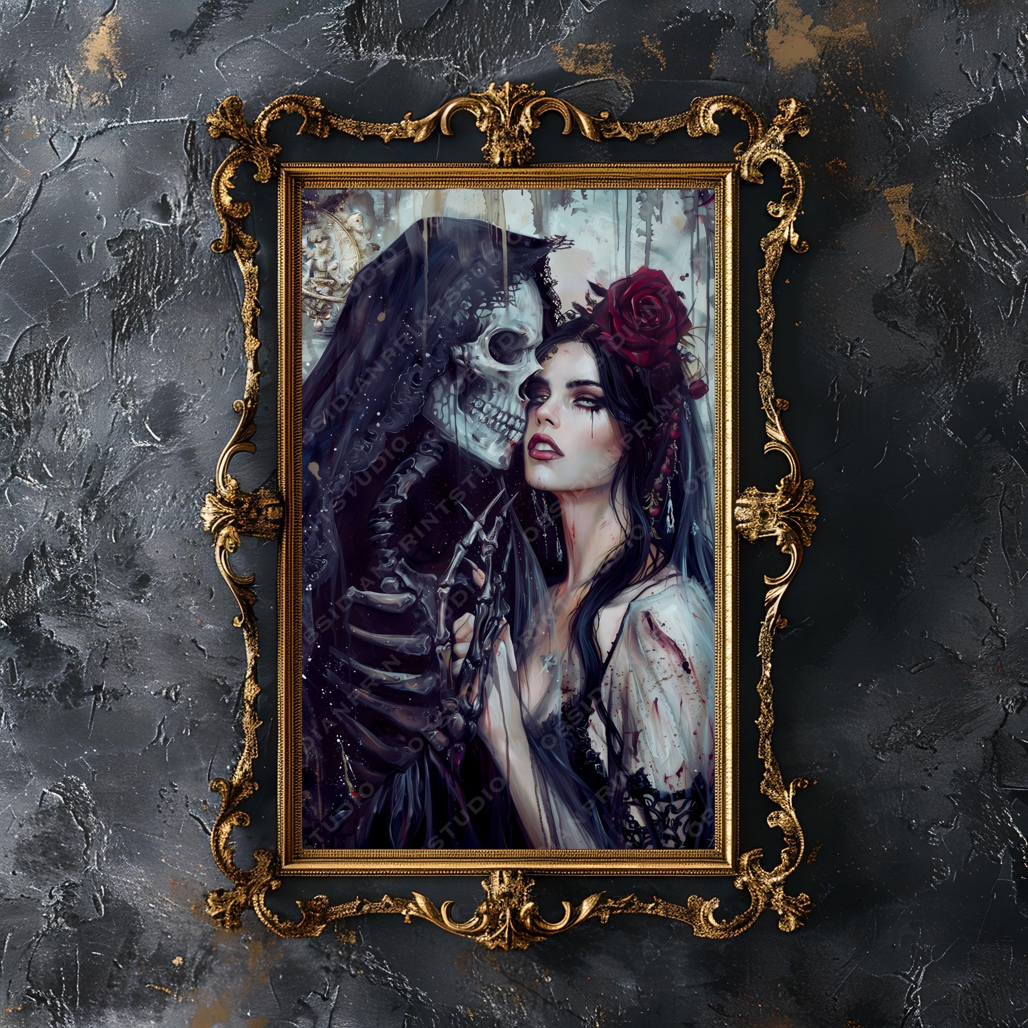 Grim Reaper and Woman Dark Romance Art Print, Dark Academia, Gothic ...
