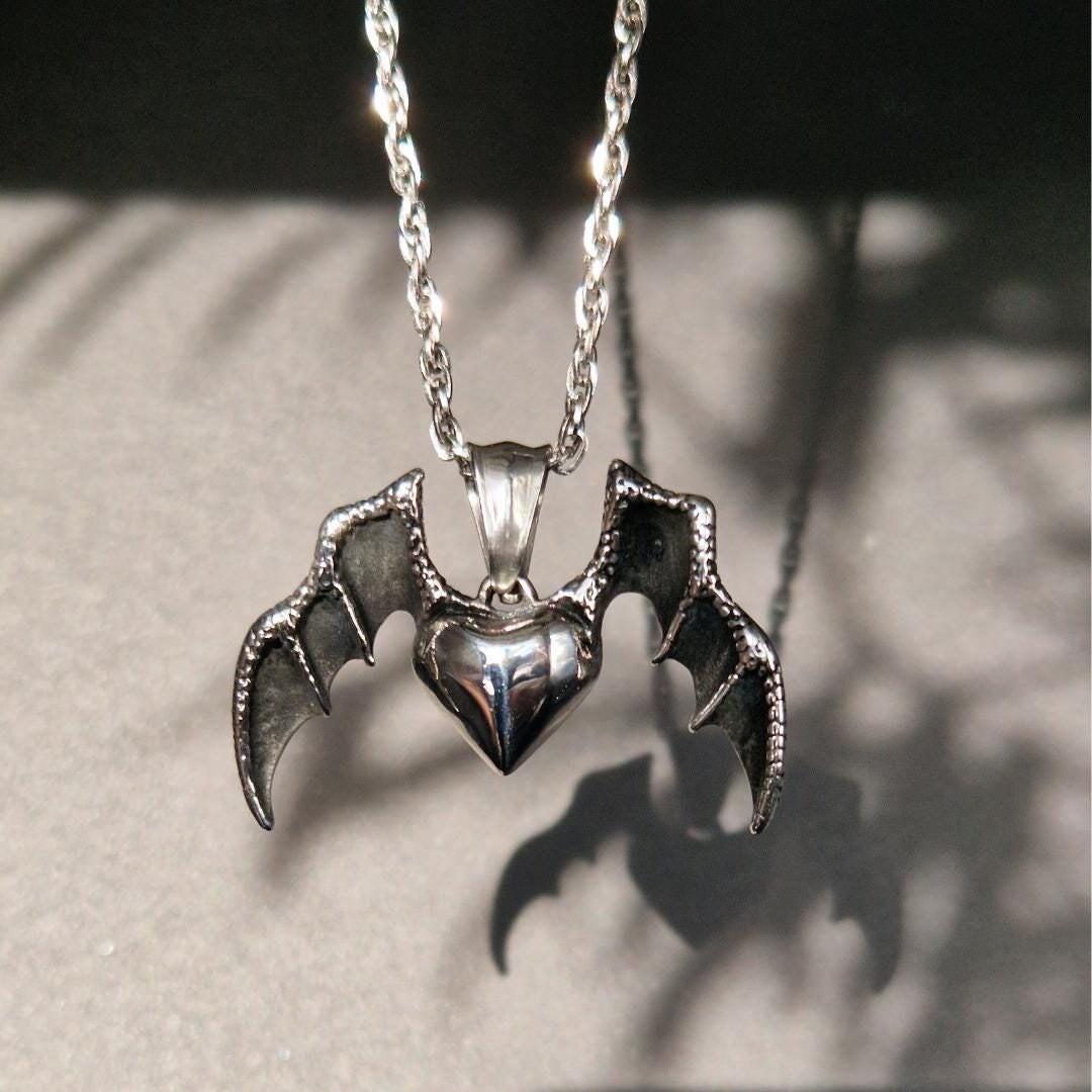 Heart Bat Wings Stainless Steel Pendant, Gothic Necklace, Bat Jewellery ...
