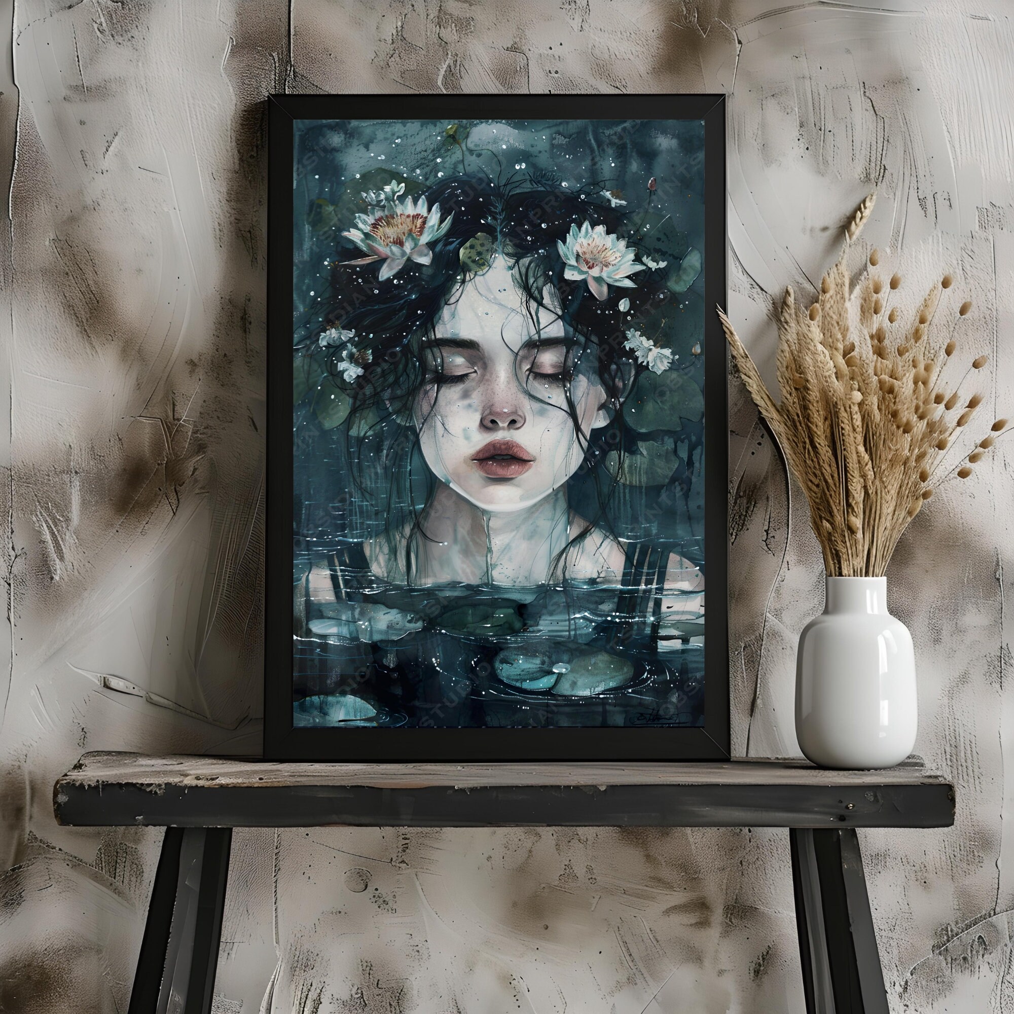 Dark Cottagecore Floral Girl Portrait Art Print, Dark Academia, Gothic ...